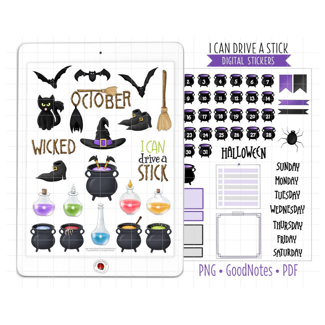 Halloween Witch Digital Planner Stickers, October Monthly Kit ...