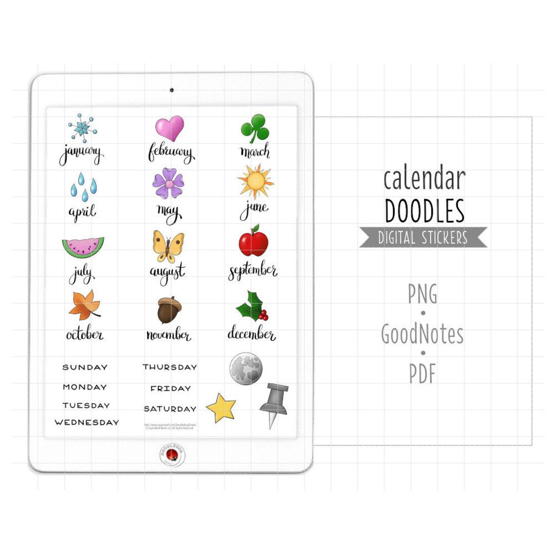 Calendar Doodles Digital Planner Stickers, Month Names & Icons ...