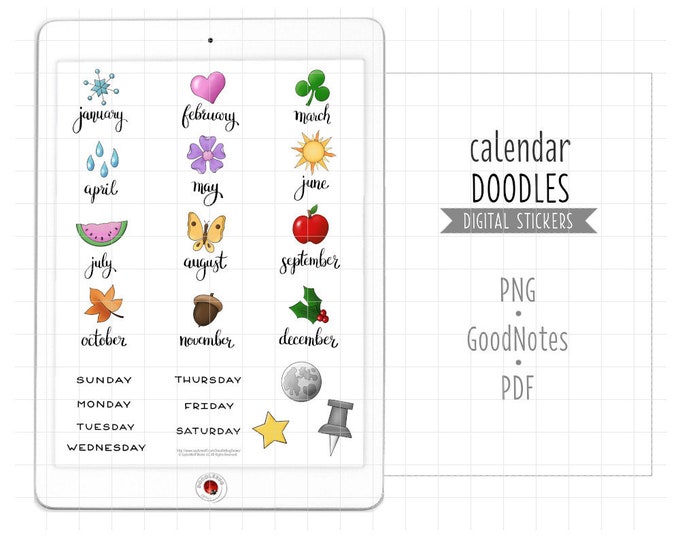 Calendar Doodles Digital Planner Stickers, Month Names & Icons ...
