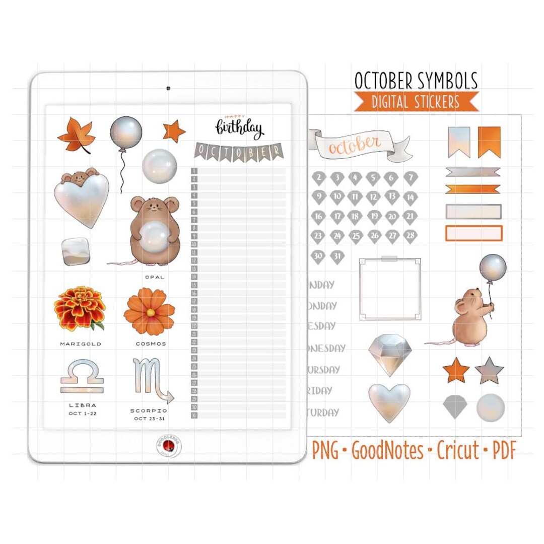 October Birth Month Symbols Digital Planner Stickers - Birthday Theme ...