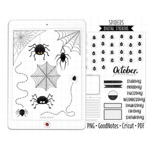 Cute Spiders and Webs Digital Planner Stickers, October Monthly Kit ...