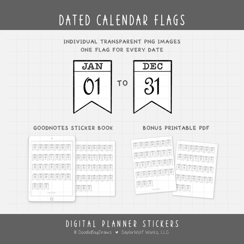 Dated Calendar Flags - Digital Planner Stickers for Daily Planning (PNG ...