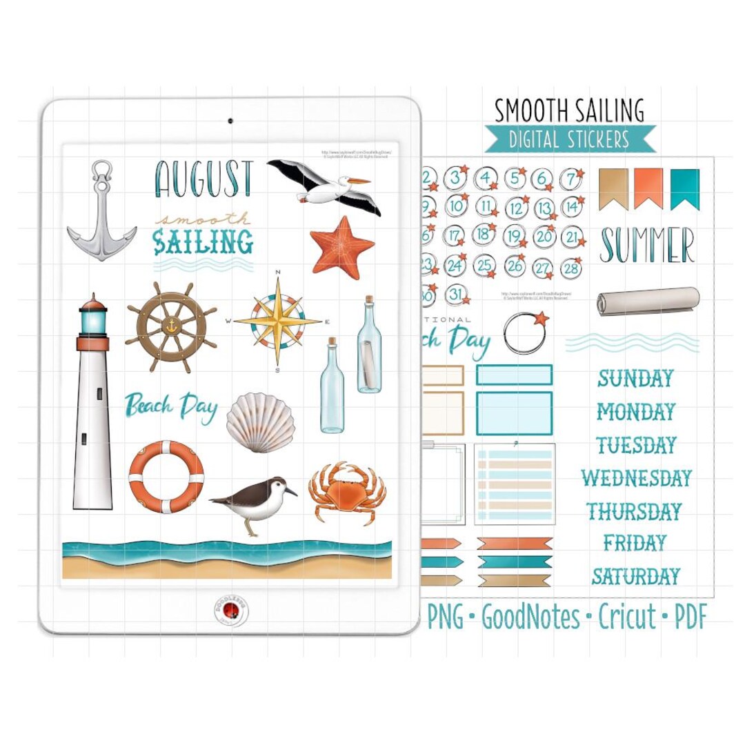 Beach Day Digital Planner Stickers - Nautical Calendar Theme (goodnotes ...
