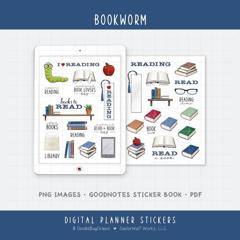 Book Worm Digital Planner Stickers - Reading & Library Icons (PNG ...