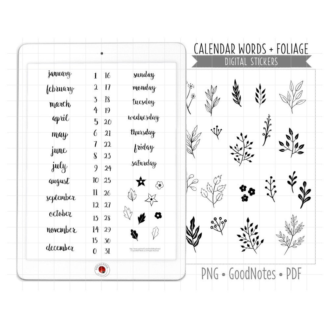 Month Names, Weekdays, Dates, Foliage Digital Planner Stickers ...