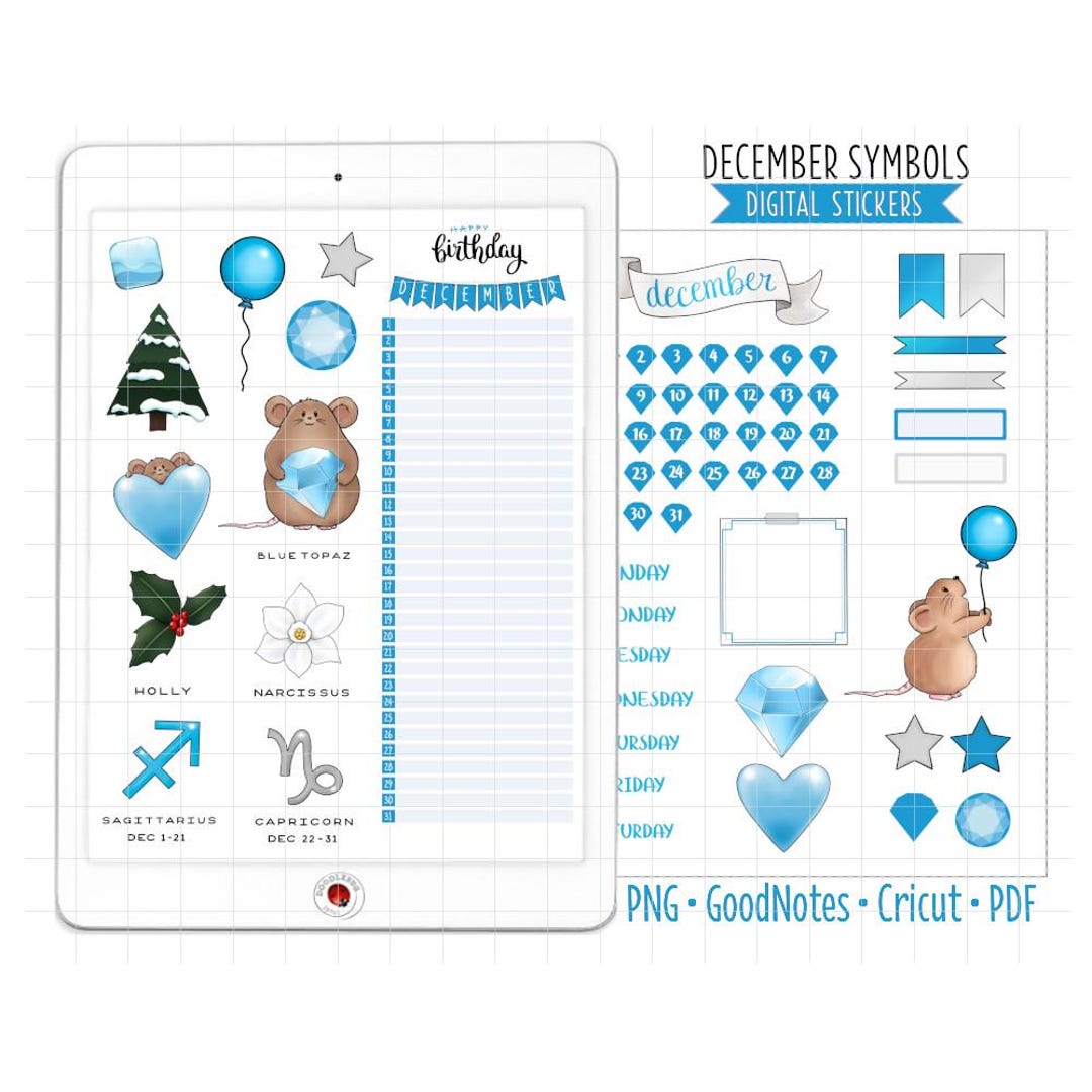 December Birth Month Symbols Digital Planner Stickers - Birthday Theme ...