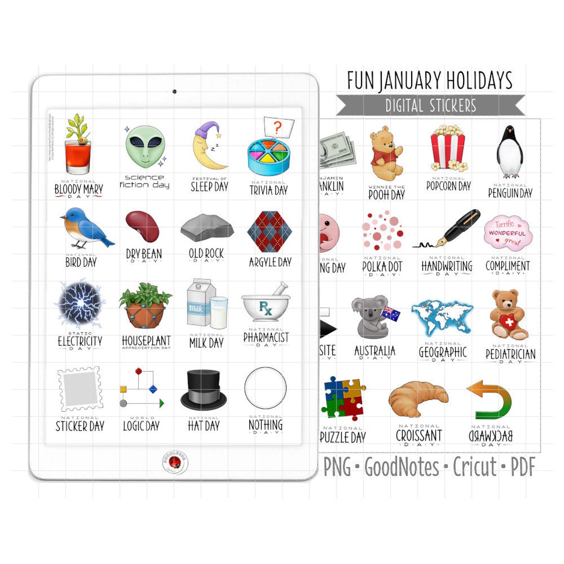 January Wacky Holidays Digital Planner Stickers - National Day Icons ...