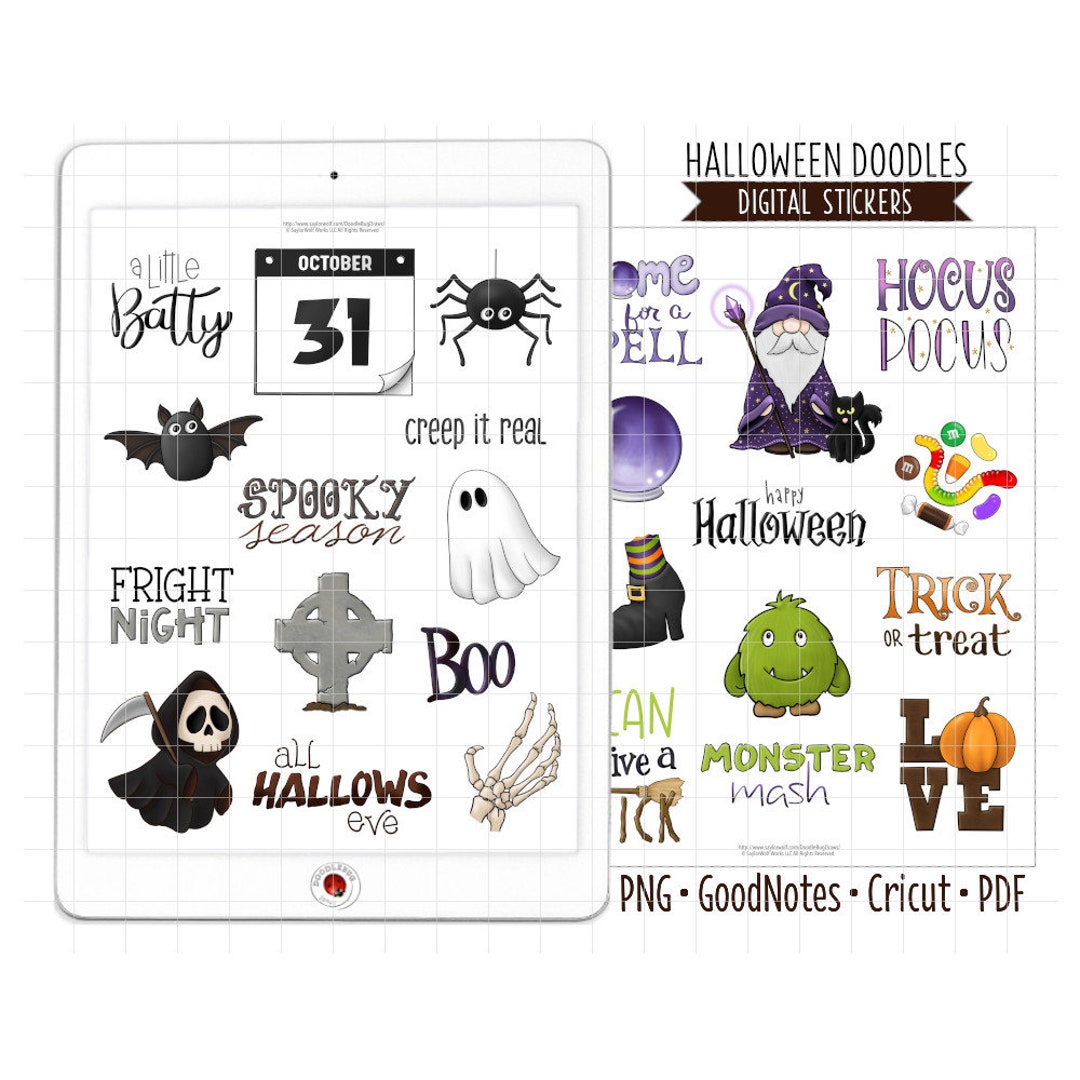Halloween Digital Planner Stickers - Spooky Quotes and Doodles (PNG ...