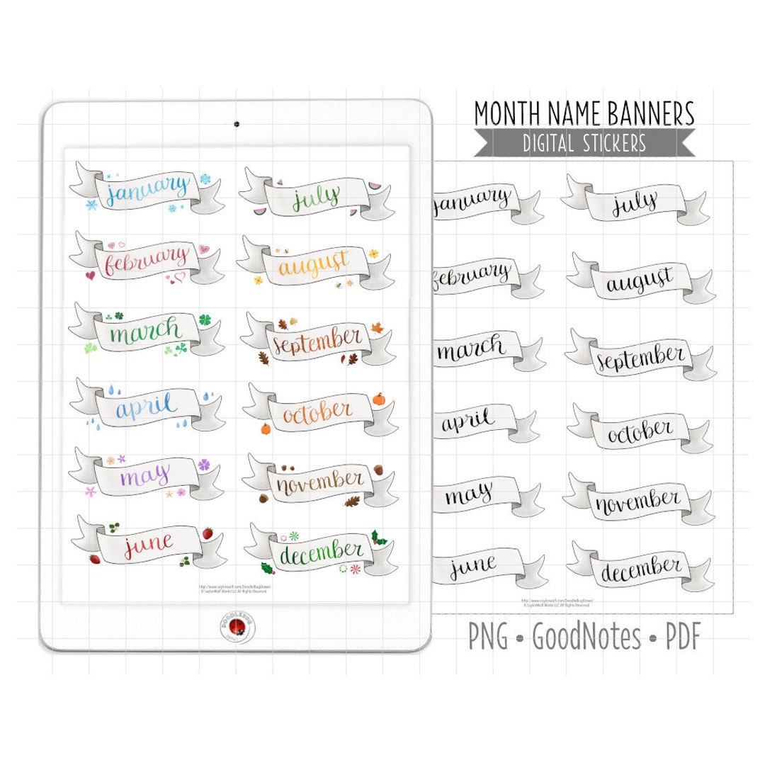 Month Name Banners Digital Planner Stickers, Goodnotes Stickers, Pre ...