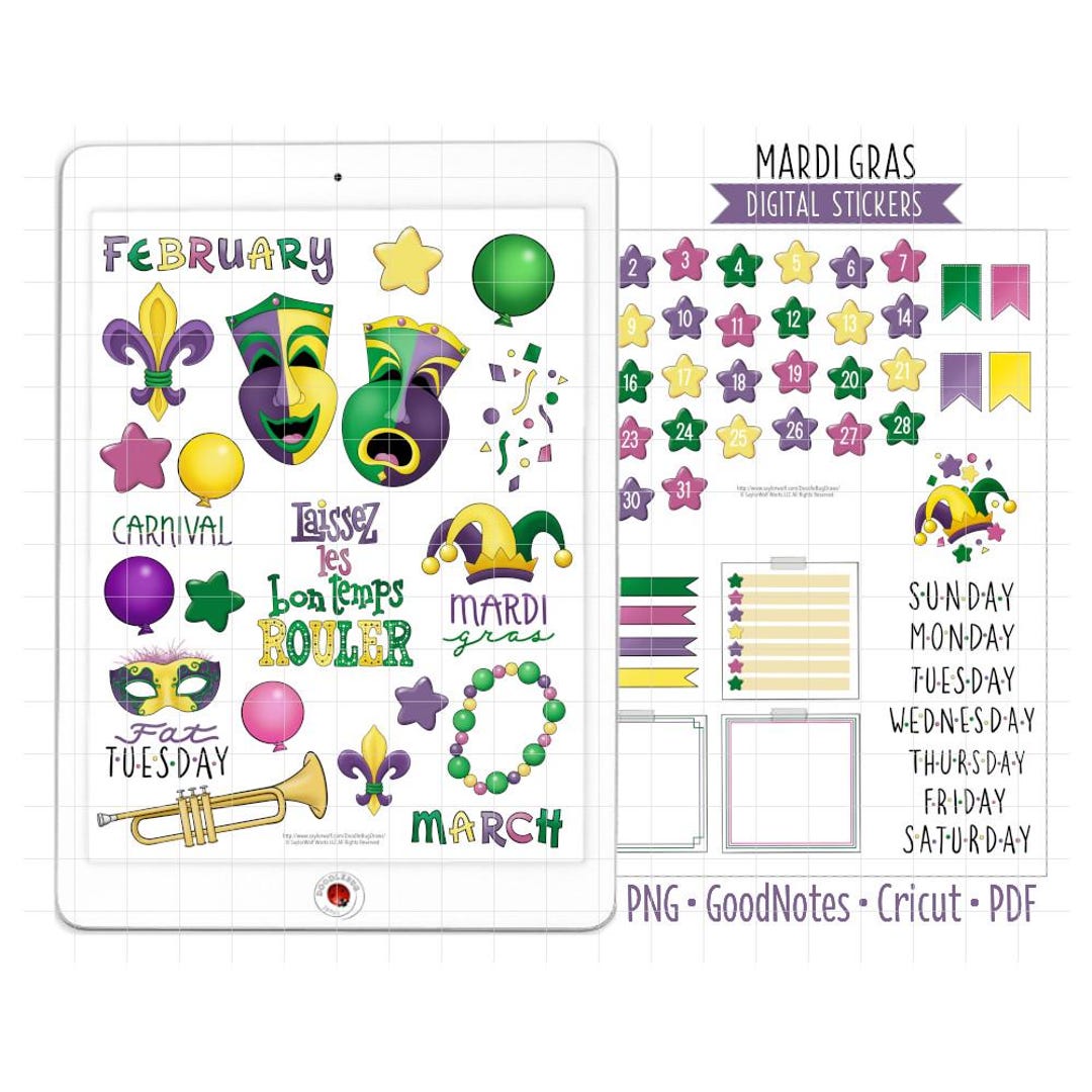 Mardi Gras Digital Planner Stickers - February & March Calendar Theme ...