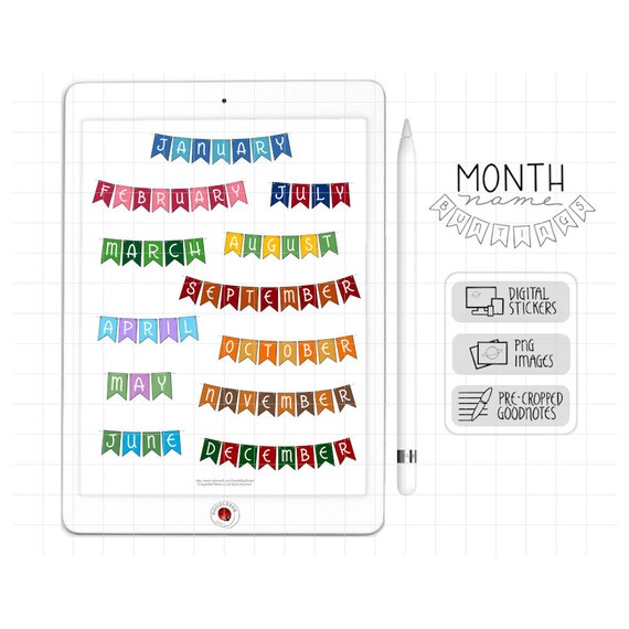 Clip Art Pre-cropped digital stickers for GoodNotes MONTHS & BANNERS ...
