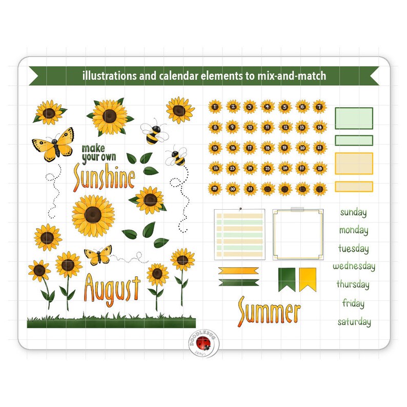 Sunflowers Digital Planner Stickers August Monthly Kit - Etsy