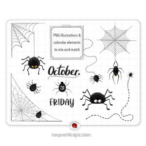 Cute Spiders and Webs Digital Planner Stickers, October Monthly Kit ...