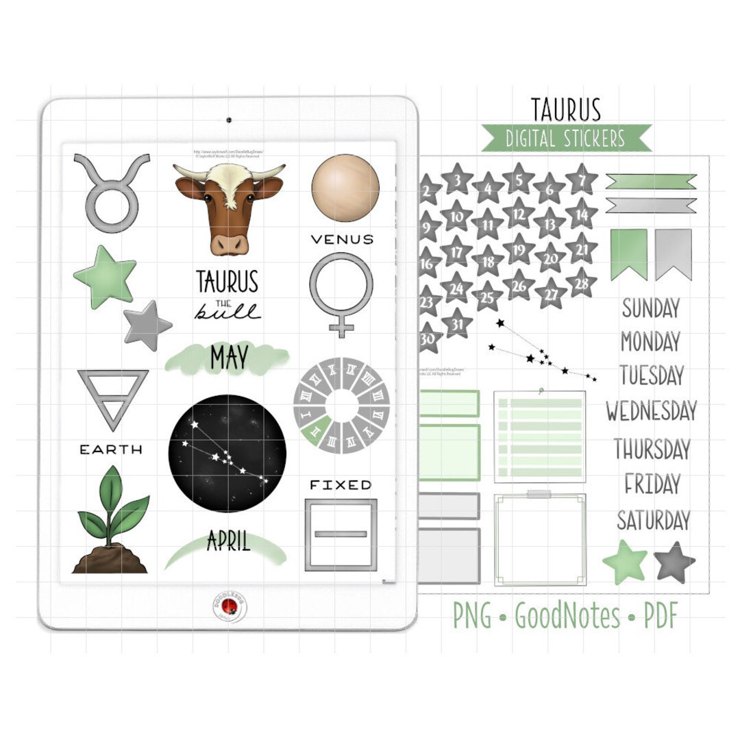 Taurus the Bull Digital Planner Stickers, April / May Monthly Kit ...