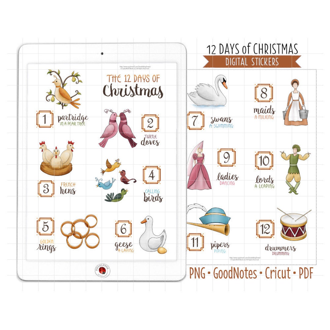 12 Days of Christmas Digital Planner Stickers (goodnotes, PNG, Cricut ...