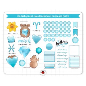 March Birthstone Digital Planner Stickers, Blue Aquamarine Monthly Kit ...