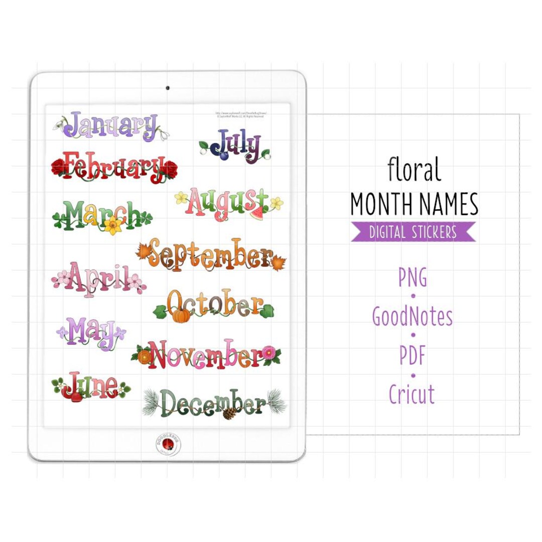 Floral Month Names Digital Planner Stickers, Goodnotes Stickers, Pre ...