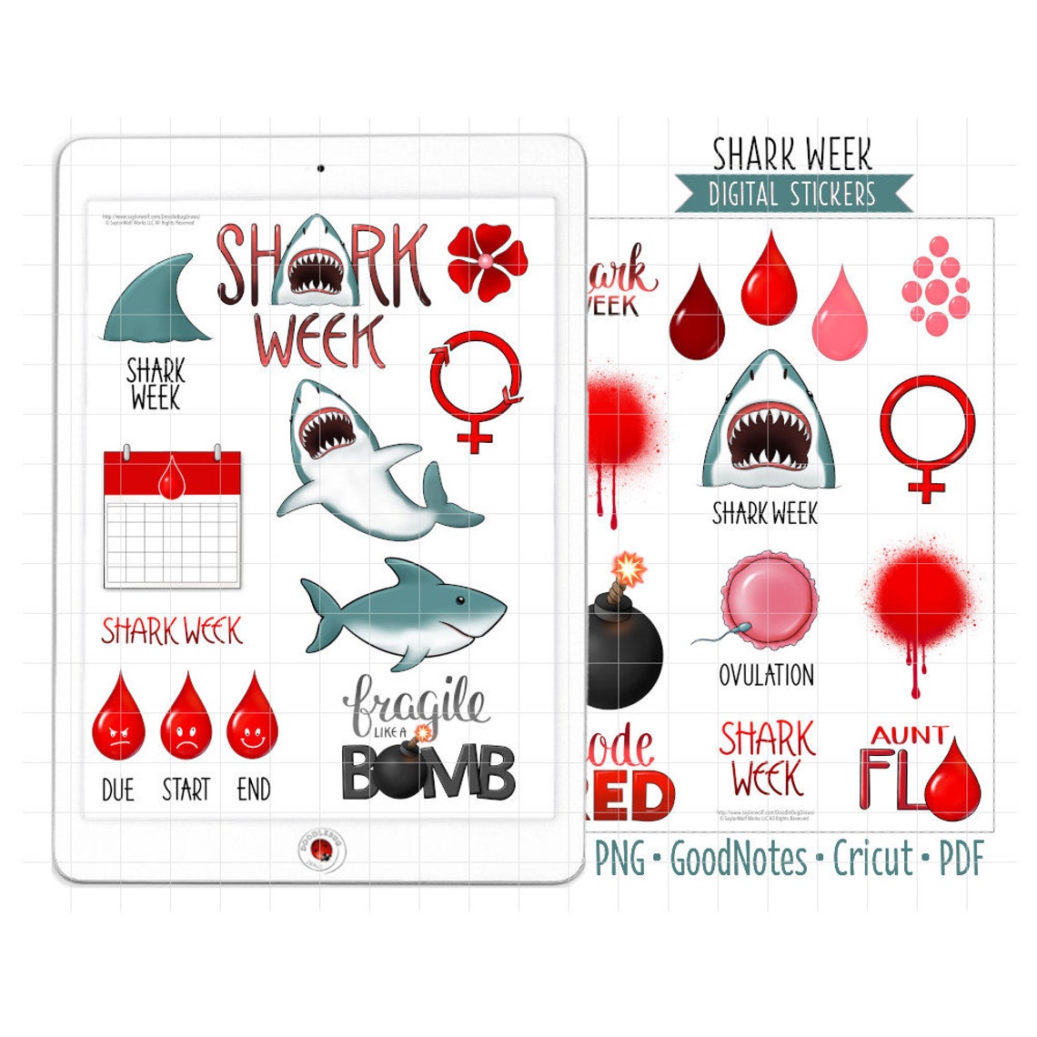 Shark Week Digital Planner Stickers - Women's Health Calendar Icons ...