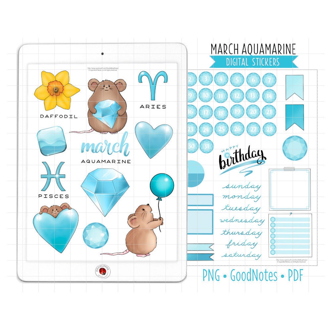 March Birthstone Digital Planner Stickers, Blue Aquamarine Monthly Kit ...