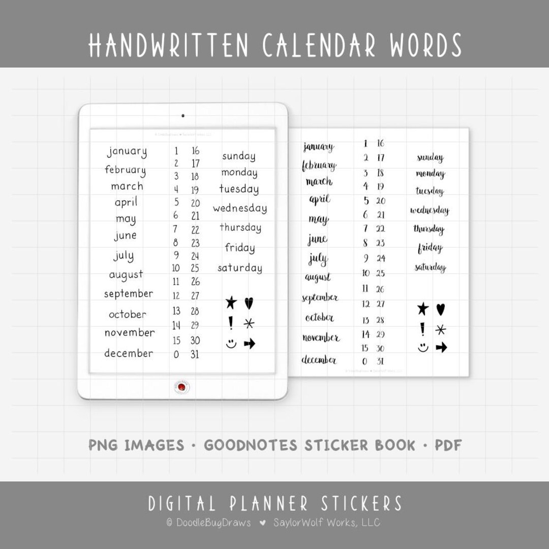 Calendar Words Minimalist Digital Planner Stickers - Months, Weekdays ...