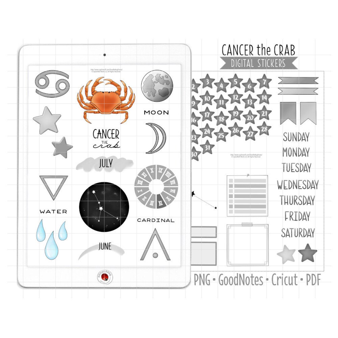 Cancer Digital Planner Stickers - June & July Astrology Calendar Theme ...