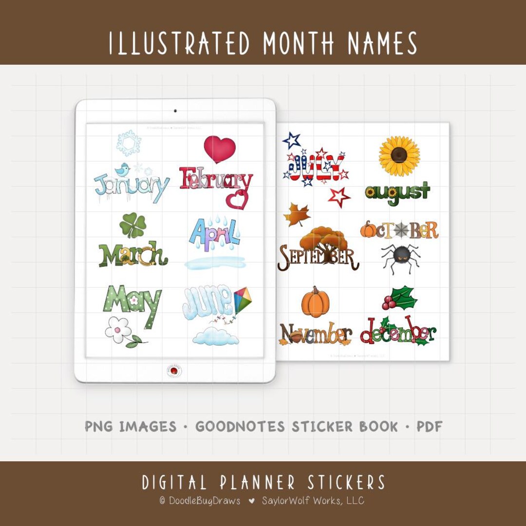 Illustrated Month Names Digital Planner Stickers - Seasonal Monthly ...