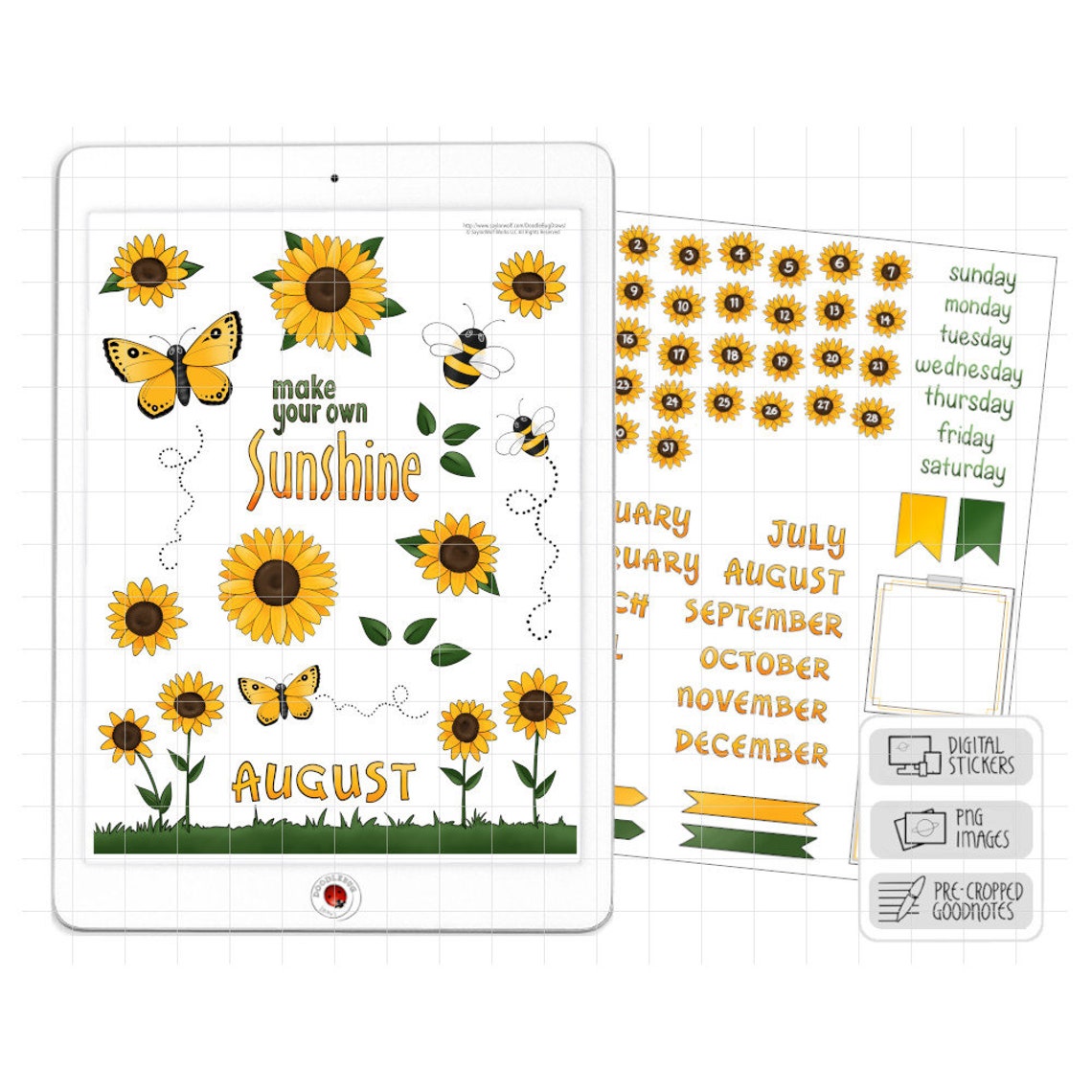 Sunflowers Digital Planner Stickers Monthly Kit : Summer - Etsy