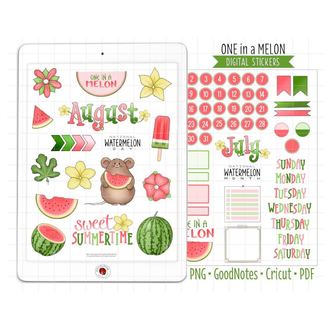 Watermelon Digital Planners Stickers - July & August Summer Calendar ...