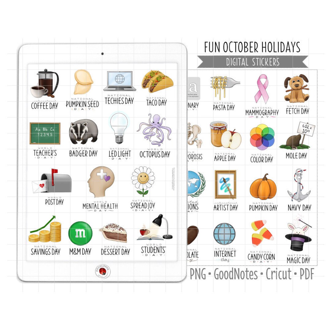 October Wacky Holidays Digital Planner Stickers - National Day Icons ...