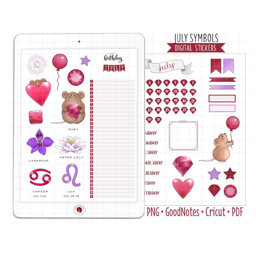 July Birth Month Symbols Digital Planner Stickers - Birthday Theme ...