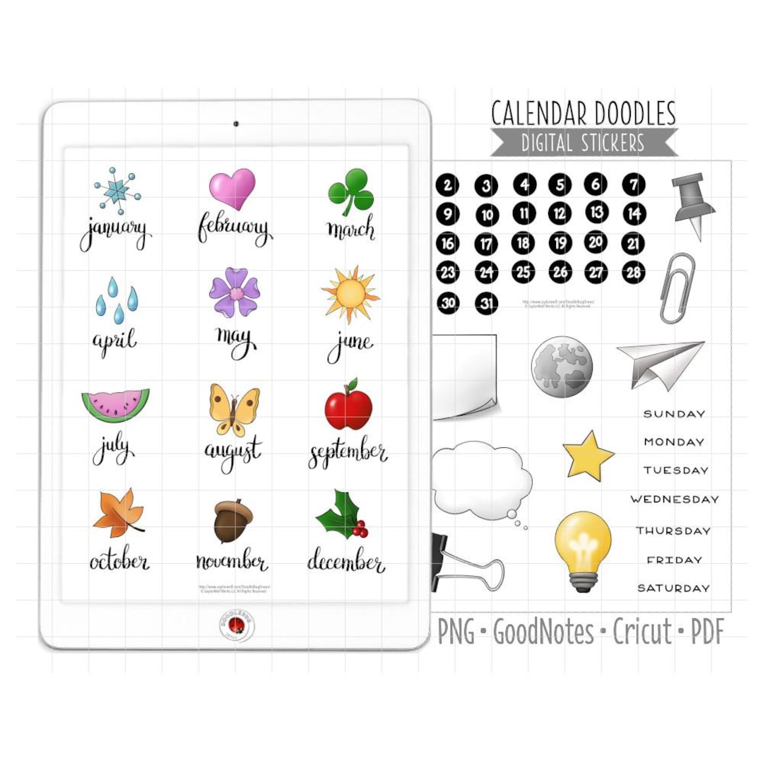 Calendar Doodles Digital Planner Stickers, Month Names & Icons ...