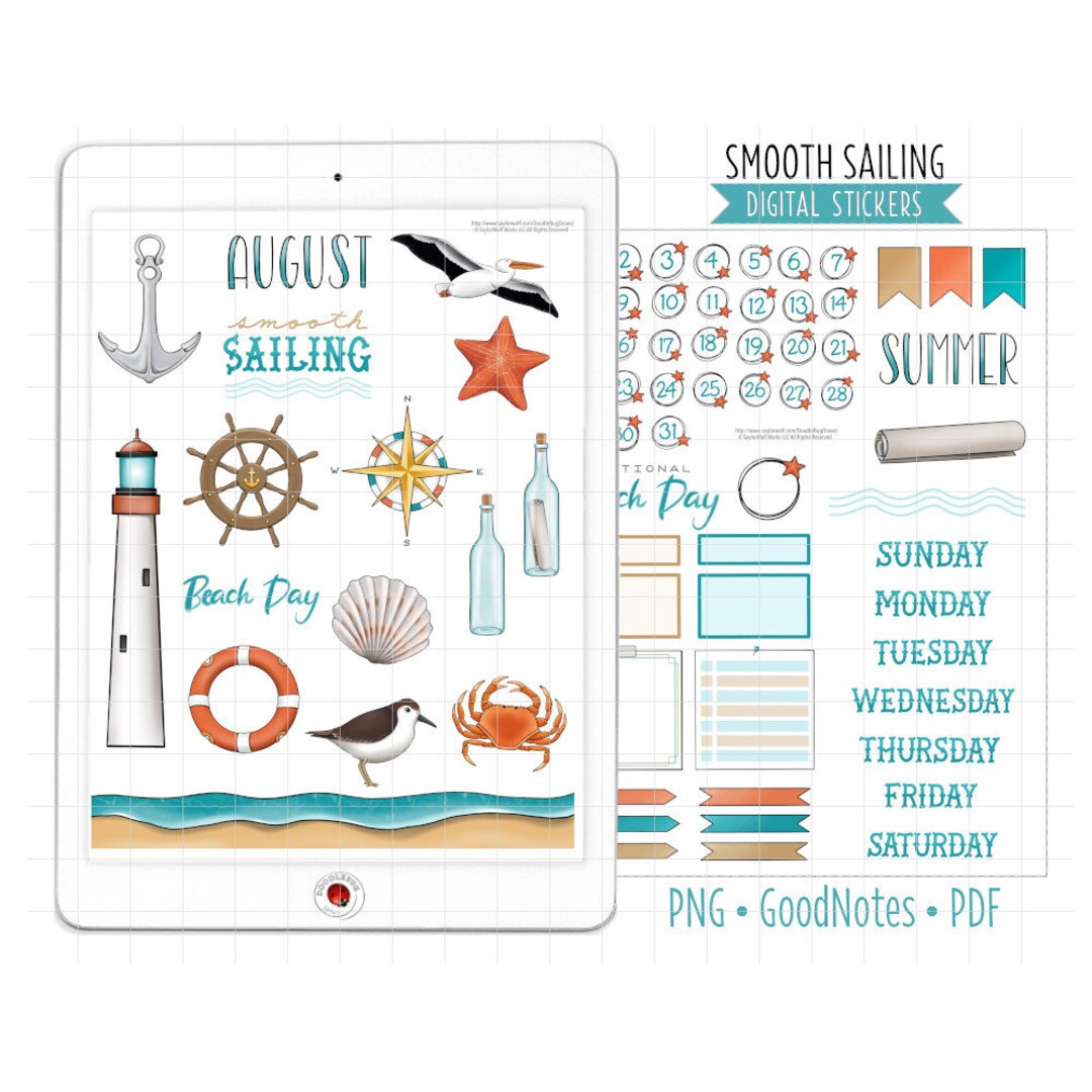 Beach Day Digital Planner Stickers, August Monthly Kit, Goodnotes ...