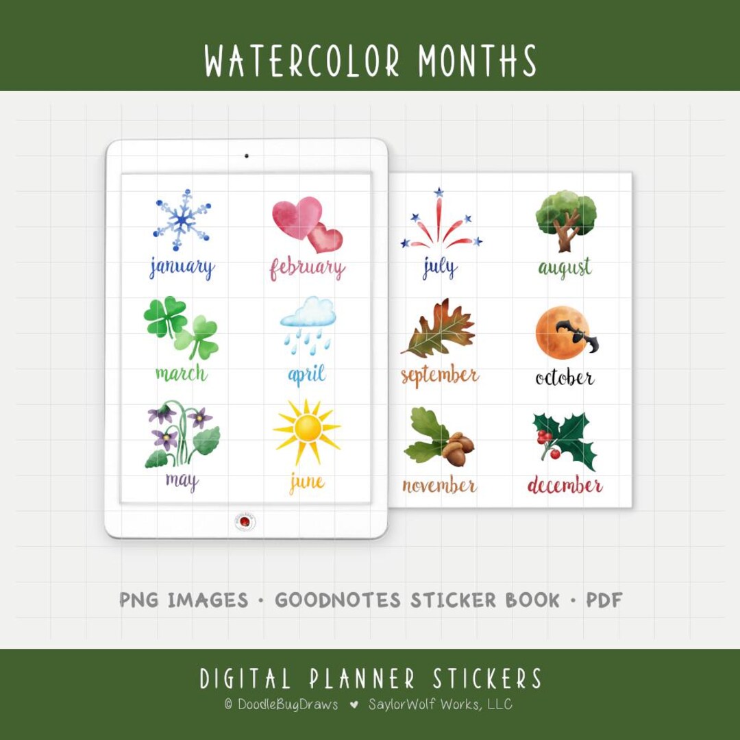 Watercolor Month Names Digital Planner Stickers - Seasonal Calendar ...