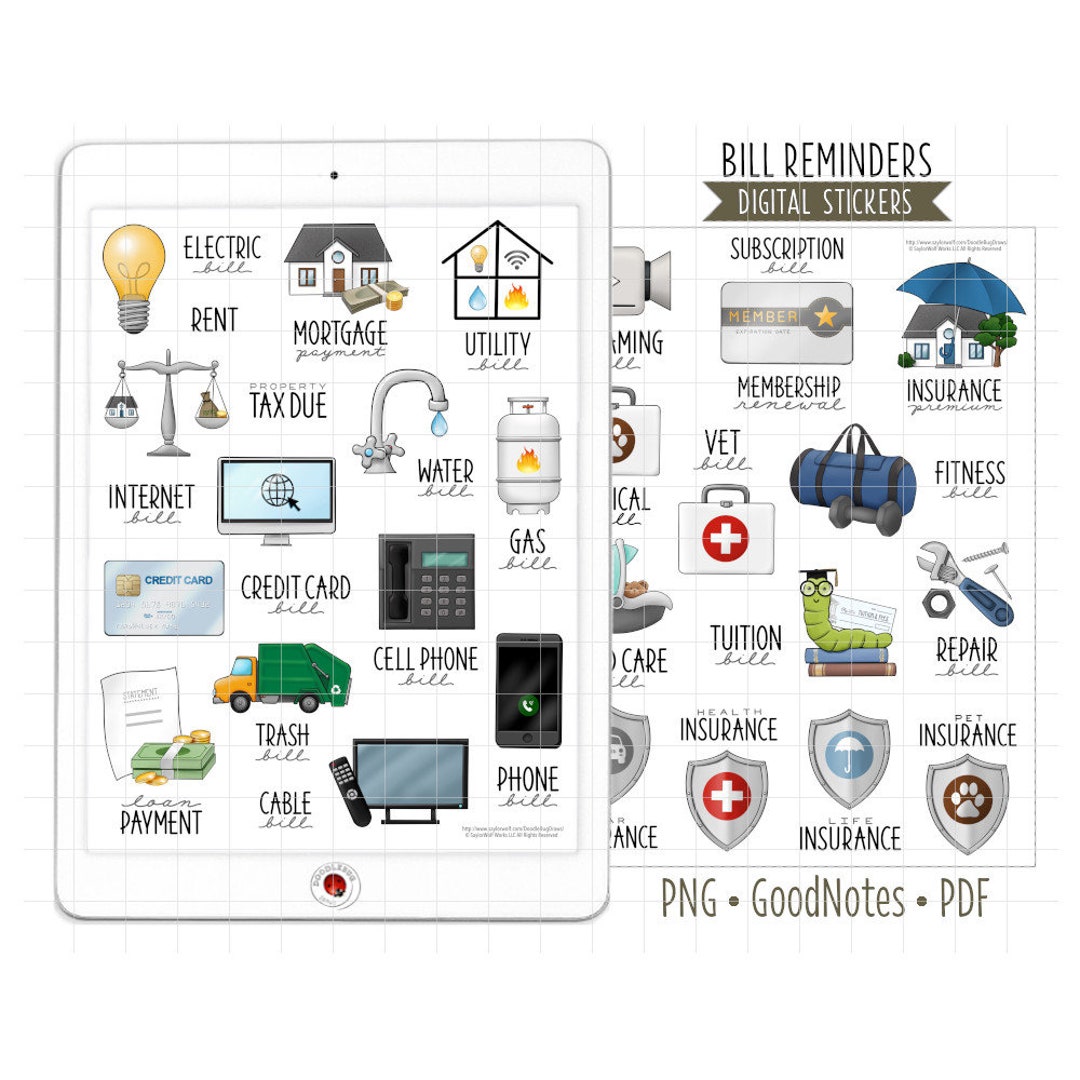 Bill Reminders Digital Planner Stickers, Goodnotes Stickers, Pre ...