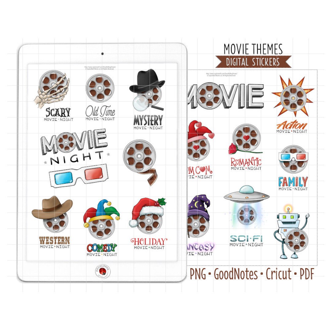 Movie Night Themes Digital Planner Stickers, Goodnotes Stickers, Pre ...