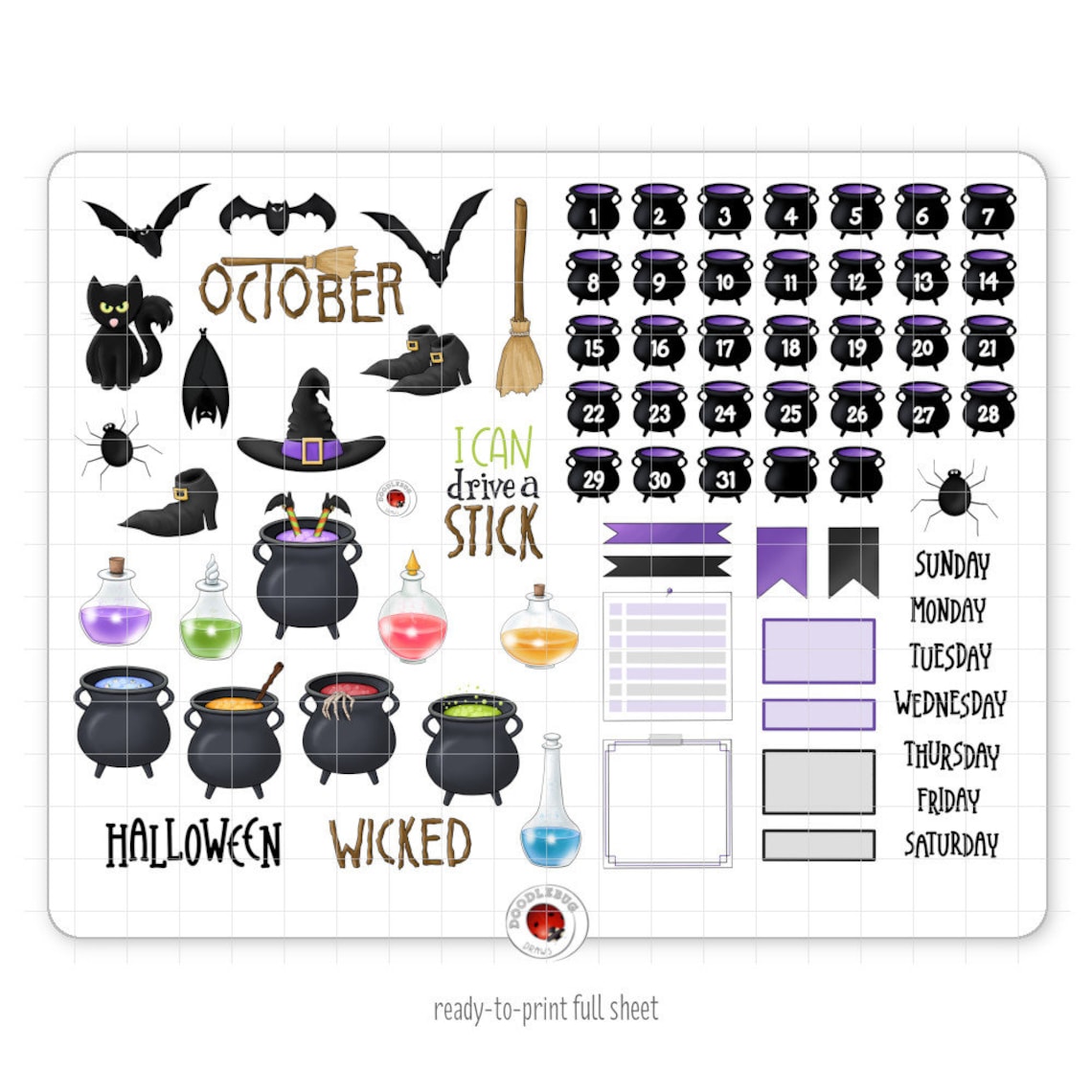 Halloween Digital Planner Stickers - October Witch & Cauldron Calendar ...