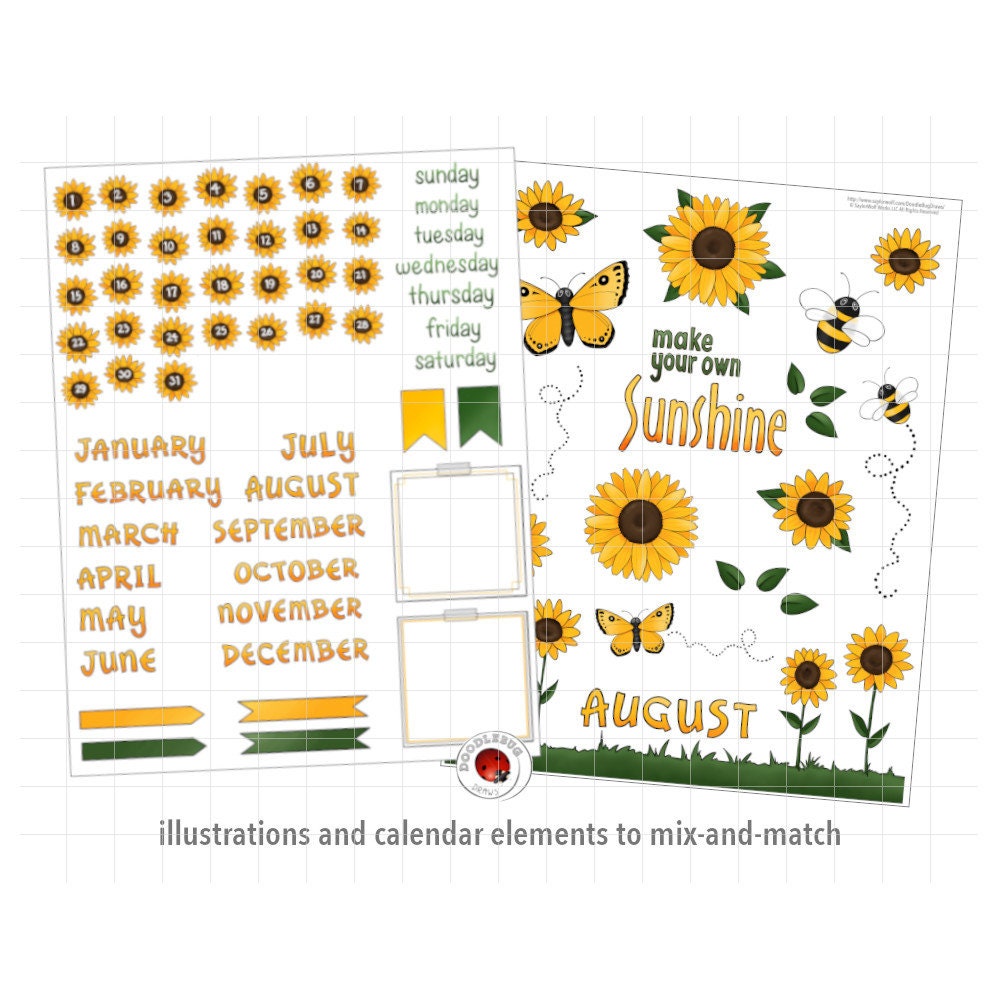 Sunflowers Digital Planner Stickers Monthly Kit : Summer - Etsy