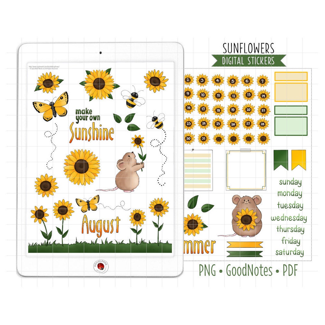 Sunflowers Digital Planner Stickers, August Monthly Kit, Goodnotes ...