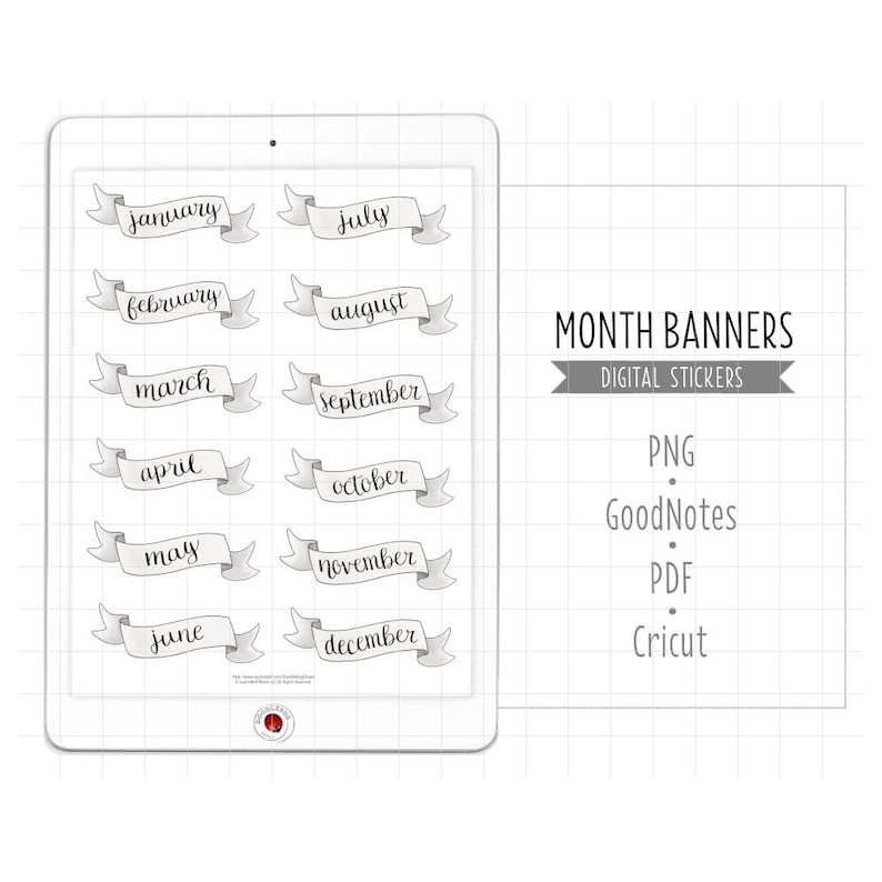 Month Name Banners Digital Planner Stickers - Monthly Calendar Headers ...
