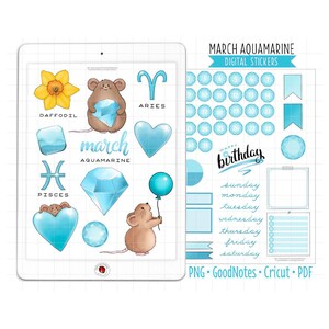 March Birthstone Digital Planner Stickers - Birthday Calendar Theme ...