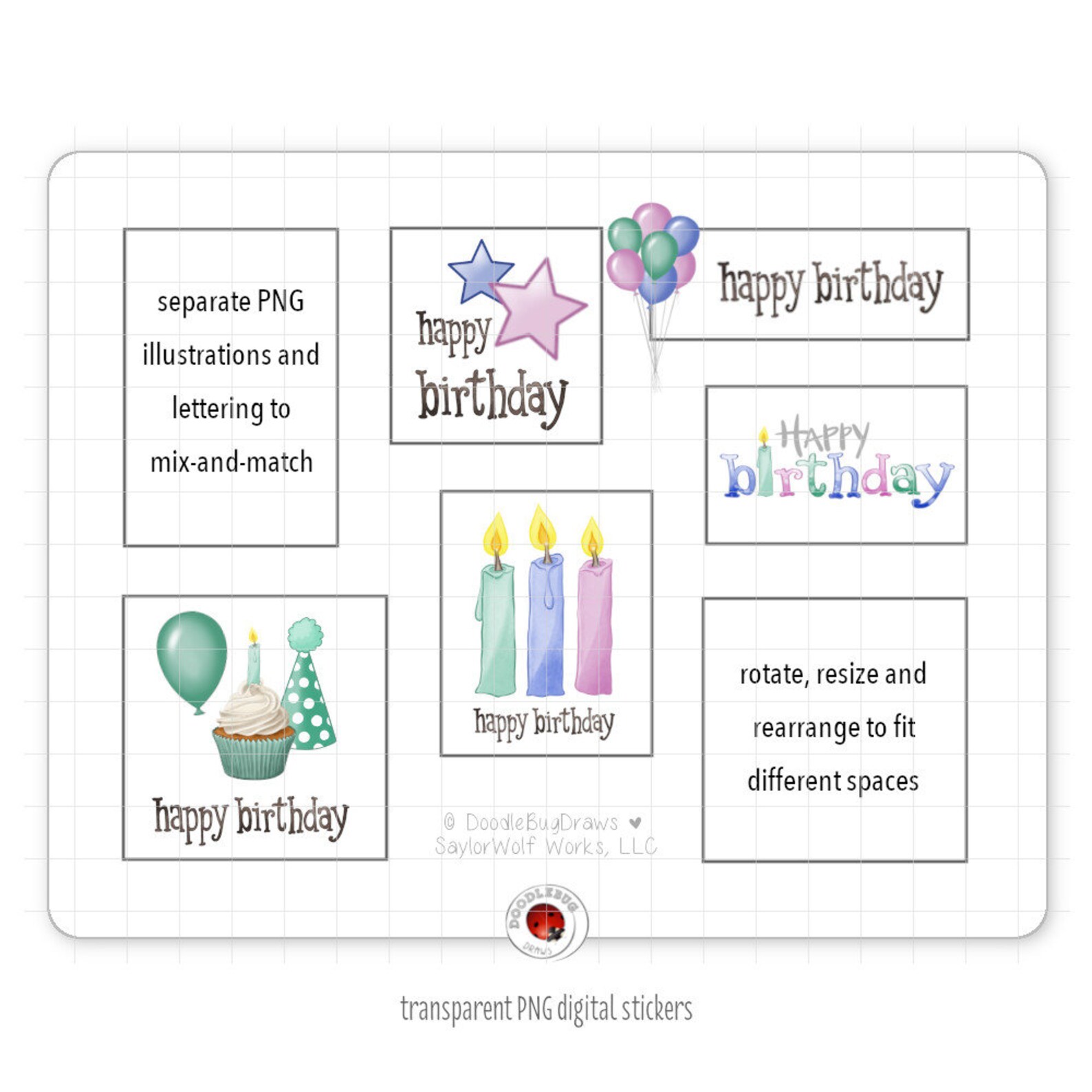 Happy Birthday Digital Planner Stickers - Candles, Cupcakes & Balloon ...