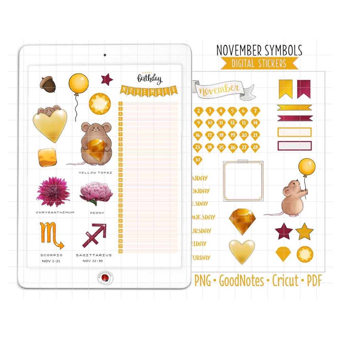 November Birth Month Symbols Digital Planner Stickers - Birthday Theme ...