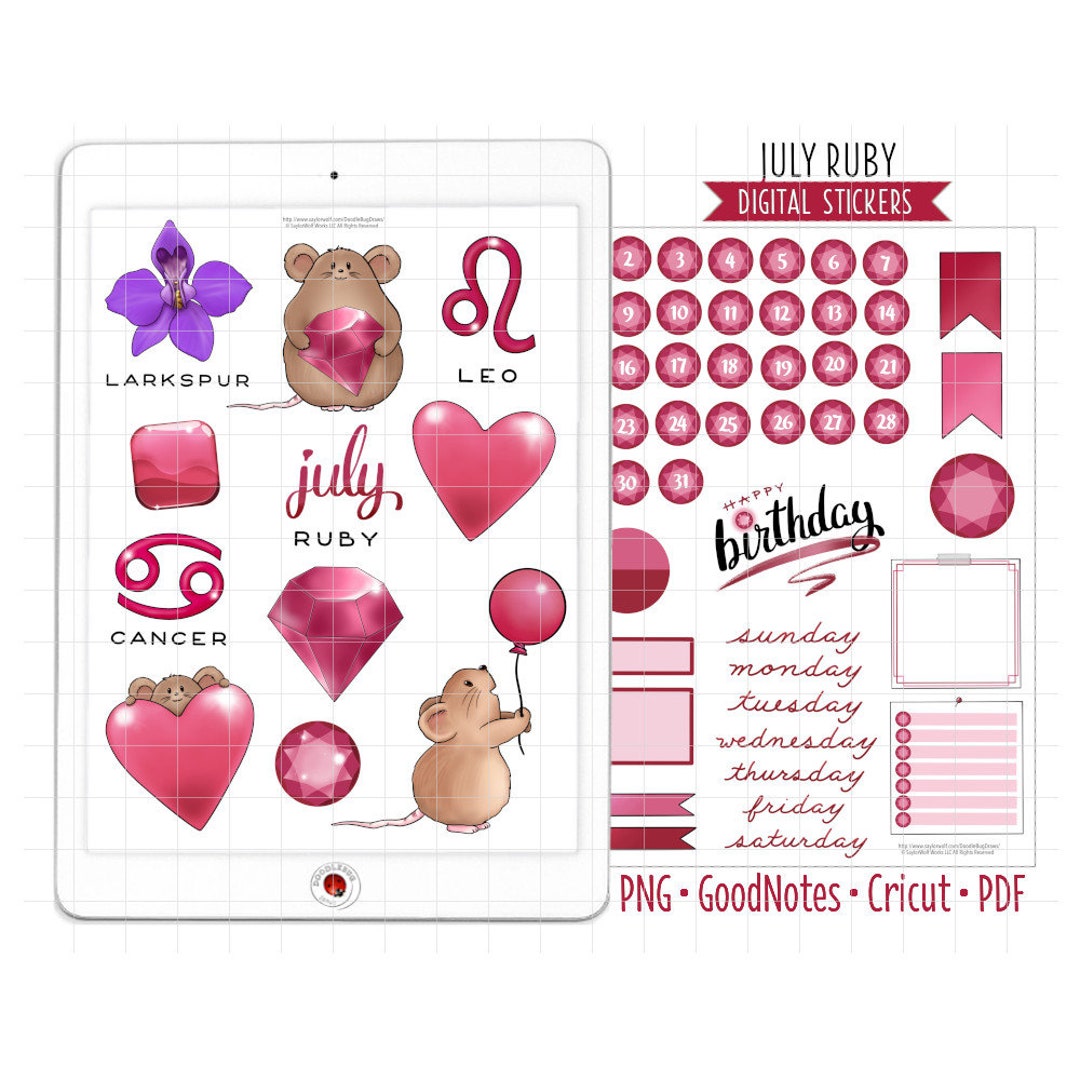 July Birthstone Digital Planner Stickers - Birthday Calendar Theme ...