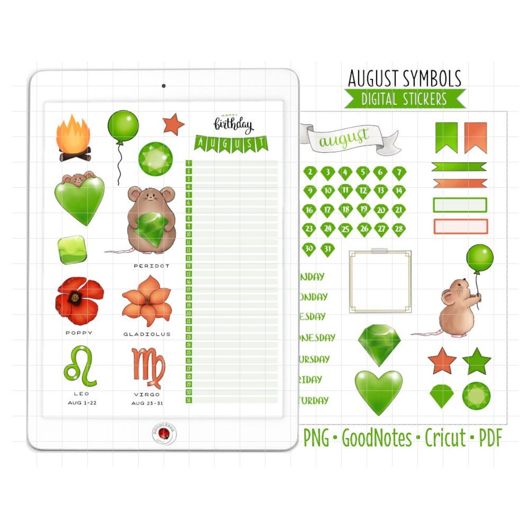 August Birth Month Symbols Digital Planner Stickers - Birthday Theme ...