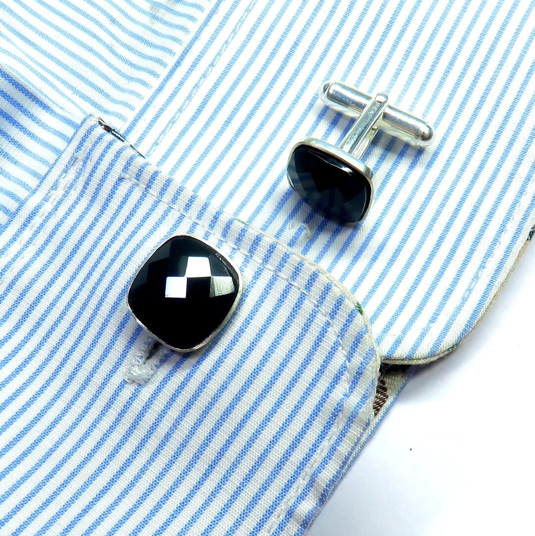 Black Onyx 12x12 Mm Cushion Shape Checker Cut Cufflinks, Sterling ...