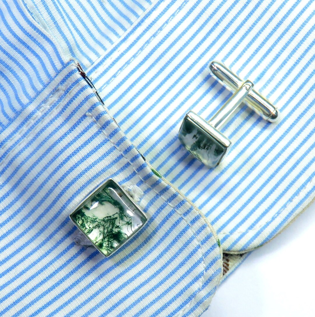 Moss Agate 11x11 Mm Square Shape Cabochon Cufflinks, Sterling Silver Cufflinks, Groomsmen ...