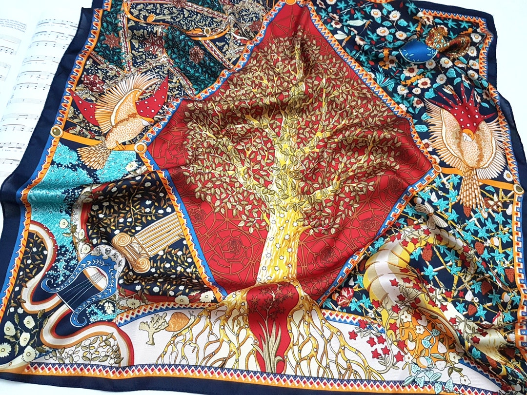 Tree of Life Square Satin Silk Scarf,floral Birds Headband,68*68cm Faux ...