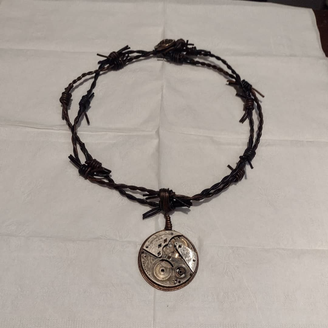 Leather Rusty Barbwire Necklace Featuring an Antique Elgin - Etsy UK