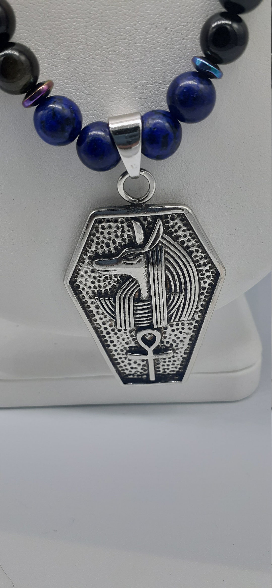 Anubis Egyptian Necklace of Cinnabar, Blue Lapis Lazuli, Gold and Black ...