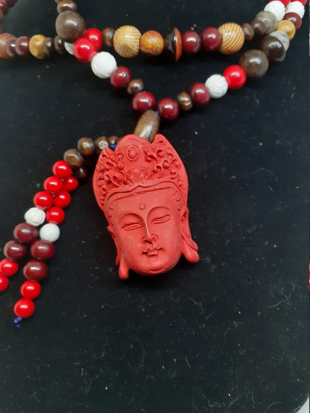 Kwan Yin Buddha Head Mala. Cinnabar Amulet Necklace Strung With Carved ...